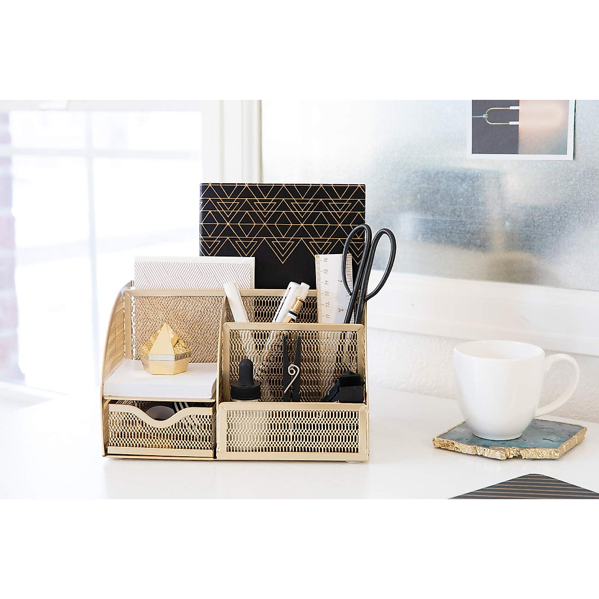 BLU MONACO Designer Metal Gold Desktop Organizer - Desk Organization for Office Accessories - Supplies, Pencils, and Pen Holder for Desk - Cute Gold Desk Accessories - Small Office Desk Organizers