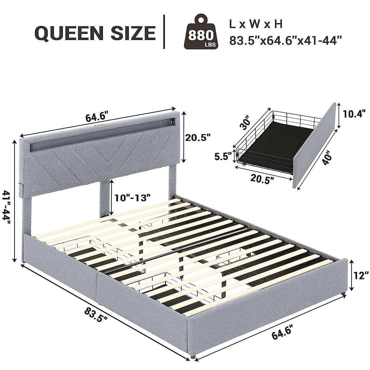 ADORNEVE Queen LED Bed Frame with Drawers Storage, 2 USB Charging Station, Upholstered Platform Bed with Storage & LED Lights Headboard, No Box Spring Needed, Light Grey