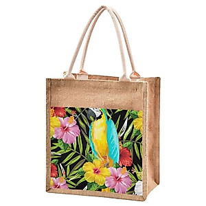 Jute Burlap Tote Bag Parrot Tropical Bird Floral Flowers Leaves Colorful Hippie Large Capacity Reusable Grocery Shopping Storage Bag