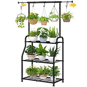 Simple Trending Plant Stand Indoor Outdoor, Heavy Duty Metal 3 Tiered Hanging Plant Shelf for Multiple Flower Planter Holder Tall Large Rack for Living Room Garden Balcony, Black
