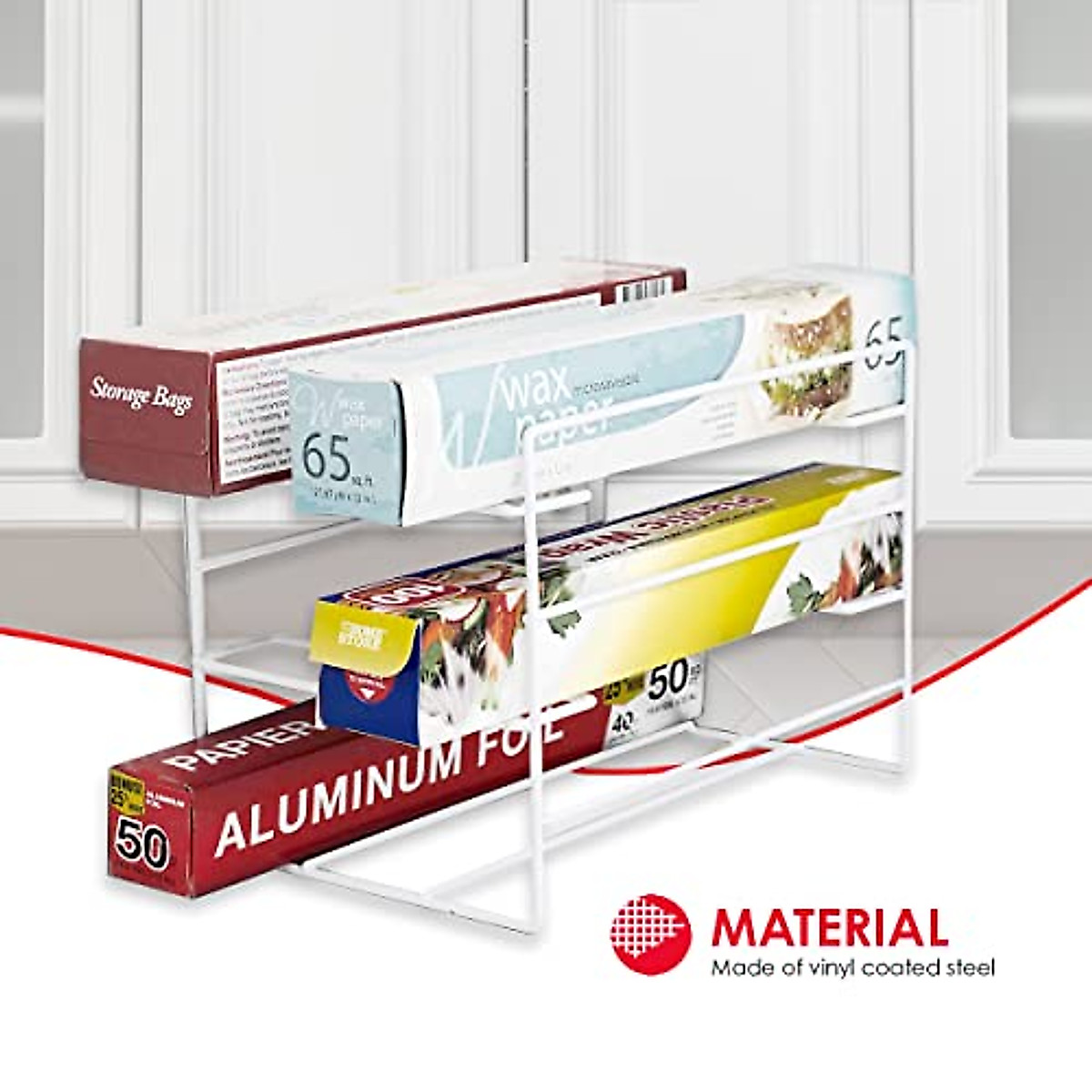 Home Basics 3 Tier Heavy Duty Kitchen Countertop or Cabinet Wrap Organizer for Food Wrap, Foil, Wax Parchment Paper, Plastic Bags White Finish