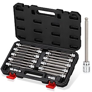 RIMKOLO 3/8 Inch Drive Long Ball End Hex Bit Socket Set,20-Piece SAE & Metric Allen Socket Set 3mm to 10mm & 1/8-3/8 Inch S2 Steel Bits