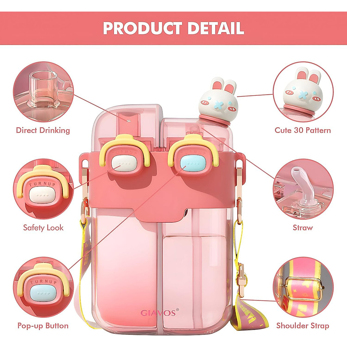 HiGropcore Kawaii Water Bottle Cute Water Bottles with Straw, Double Chamber Water Bottle with Adjustable Strap and Kawaii 3D Stickers, Portable Leakproof Water Jug, 26oz