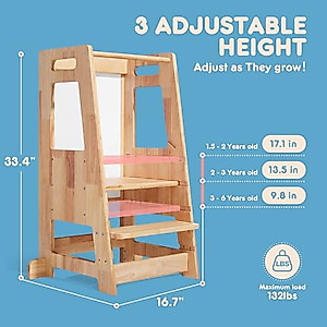 Toddler Kitchen Stools Helper with Adjustable Height and Anti-Slip Protection, Kids Standing Tower with Safety Rail, Kids Montessori Step Stool with Learning Chalkboard, Natural
