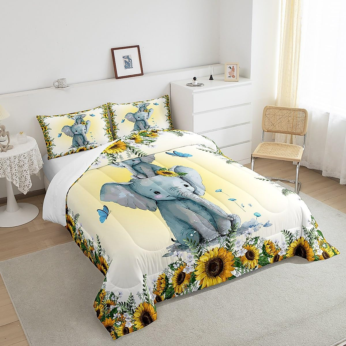 Erosebridal Gray Elephant Comforter Set Kawaii Room Decor,Cartoon Wildlife Woodland Animals Bedding Twin Set for Kids Girls Boys,Yellow Flowers Sunflower Down Comforter Blue Teal Butterfly Decor