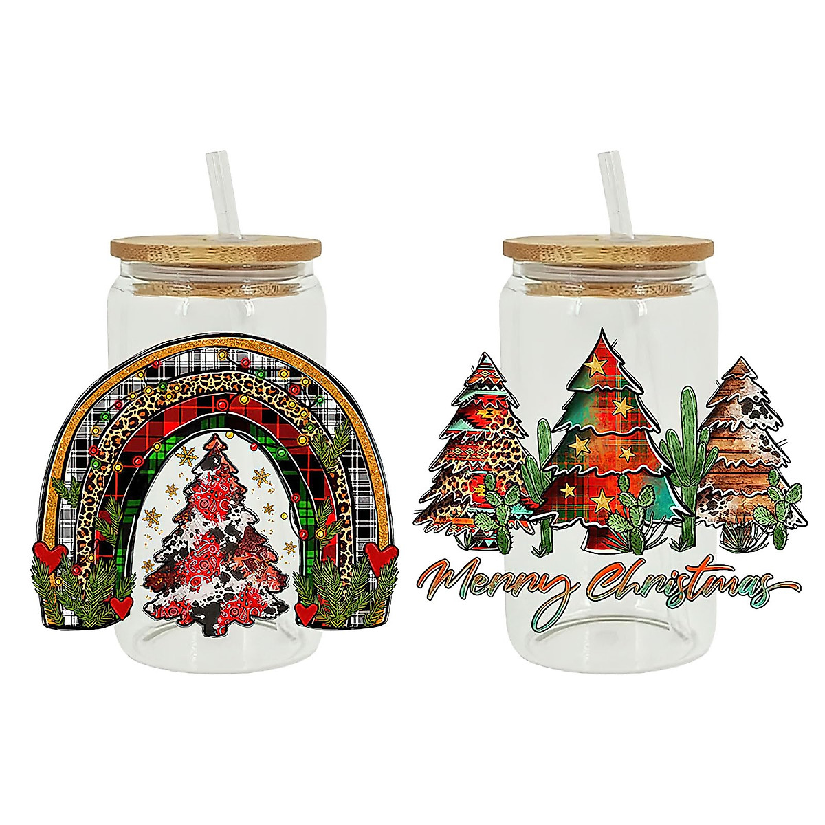 AUOCATTAIL Christmas 3D UV DTF Transfer Stickers, 6 Sheet Christmas Tree Xmas Wreath Merry Christmas Cup Wrap Transfer Stickers Waterproof Rub on Transfers for Crafting