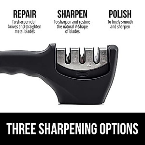 Gorilla Grip Easy to Use Knife Sharpener, 3 Sharpening Options to Help Polish, Sharpen and Repair Kitchen Knives, Restore Dull Blades, Slip Resistant Handle, Professional Chef Quality, Jet Black