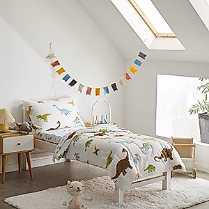 UOZZI BEDDING 4 Pieces Toddler Bedding Set Dinosaur White Includes Comforter, Flat Sheet, Fitted Sheet and Pillowcase