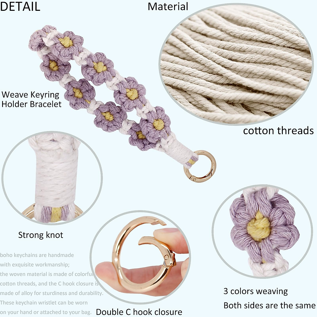 BIHRTC Boho Macrame Keychain Multicolor Daisy Bracelet Wrist Lanyard with Wallet Lipstick Holder Handmade Durable Floral Lanyard Car Key Keyring Wrist Key Chain for Women Girls