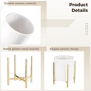 Varku 2Pcs Sturdy Cutlery Holders, White Ceramic Cup with Golden Metal Bracket, Robust Silverware Caddy, Round Utensil Crock for Countertop, Desktop Flatware Organizer for Kitchen