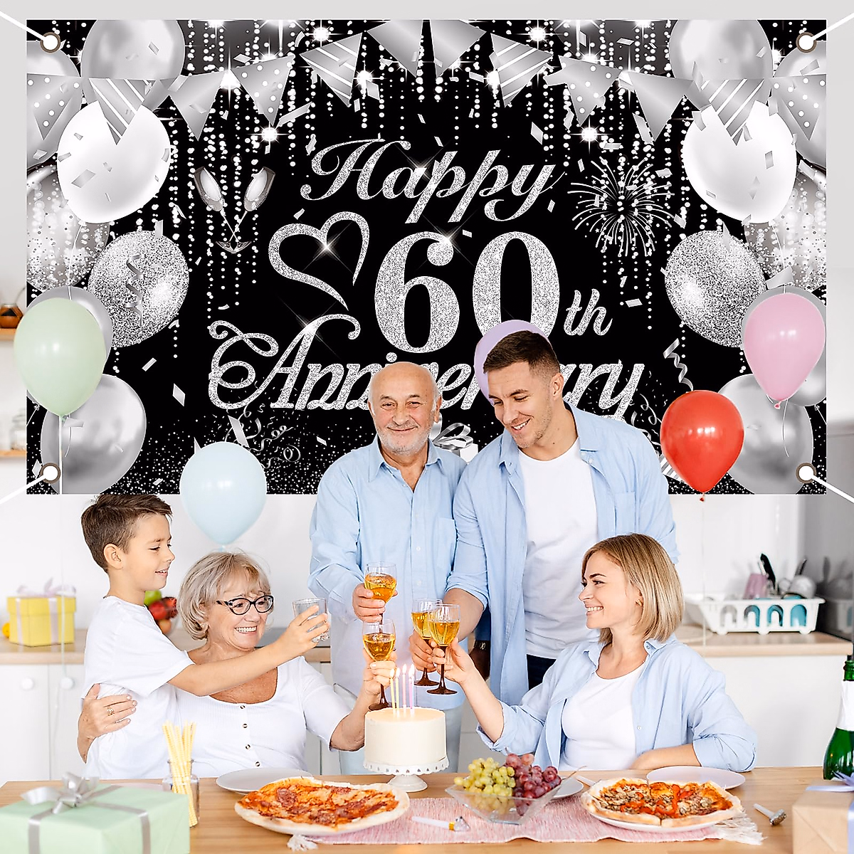 Rumia 60th Anniversary Decorations Black Silver Happy 60th Banner 60th Diamond Wedding for 60th Anniversary, Party 72.8x43.3 inches A818L1B1
