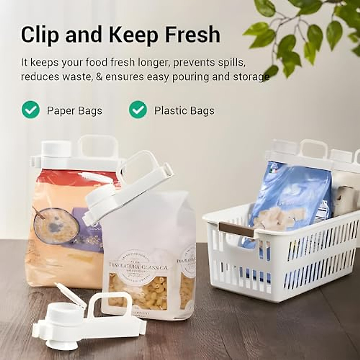 Food Bag Sealing Clip with Pour Spout,bag clips with pour spout,seal and pour bag clip,Great Clips Bags for Kitchen, Suitable for Small Particle Food, Liquid,Flour and Baby Food Storage Organizer (1)