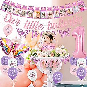 Butterfly 1st Birthday Decorations for Girls Pink Purple Our Little Butterfly is One Banner Cake Topper Photo Banner 1st Bday Girl Butterfly One High Chair Banner Floral Party Decoration for Girls