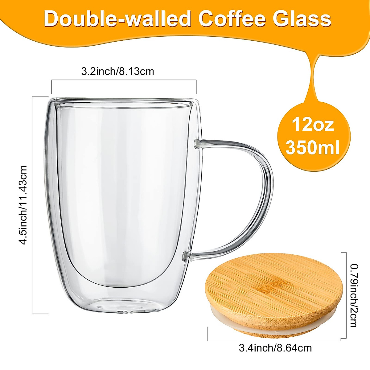 Eccliy 8 Pcs 12oz Double Walled Glass Coffee Mugs with Bamboo Lids Insulated Glass Coffee Cups Clear Tea Mug Glass Tea Cups with Handles for Hot or Iced Coffee Milk Tea Beverage Cappuccino Latte