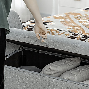 HOMCOM Upholstered Storage Ottoman, Armed Storage Bench with Rubber Wood Legs for Living Room, Light Gray