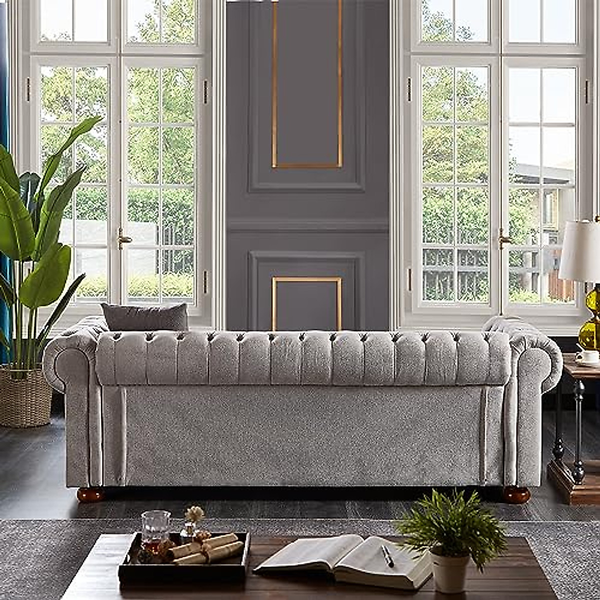 ERYE 88.5" 3-Seaters Chesterfield Sofa&Couch, Clasic Luxury Roller Armrest Special Wood Legs Sectional,Button Tufted Linen Upholstered Modular Sofa Couch with Removable Cushions & Nailhead Decor