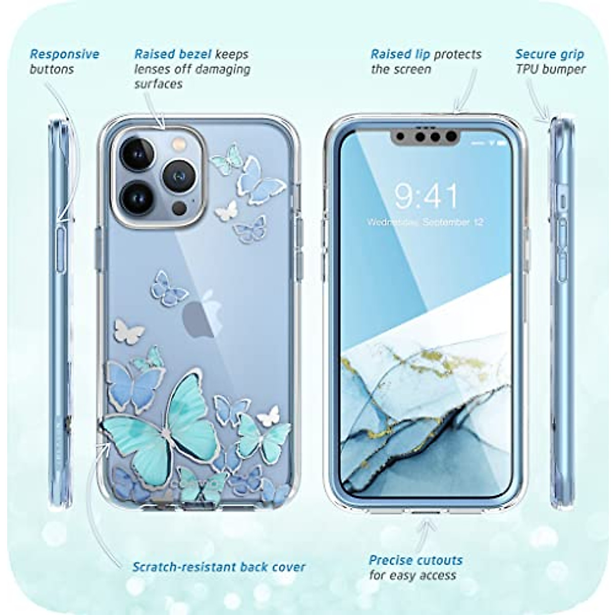 i-Blason Cosmo Series for iPhone 13 Pro Max Case 6.7 inch (2021 Release), Slim Full-Body Stylish Protective Case with Built-in Screen Protector (Blue Butterfly)