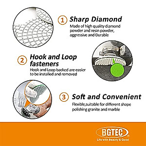 BGTEC 4" Wet Diamond Polishing Pads Set,7 Pieces Pads plus Rubber Hook and Loop Backing Pad for Marble Stone Quartz Tiles