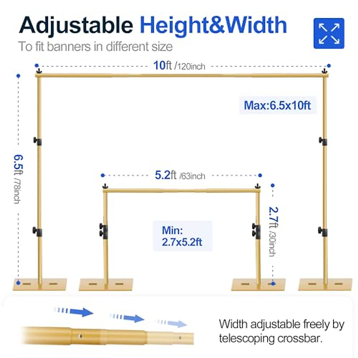 EMART Backdrop Stand, 6.5x10 ft Adjustable Photo Background Pipe and Drape Photography Kit with Heavy Duty Metal Base for Parties, Wedding, Video Studio, Birthday - Gold