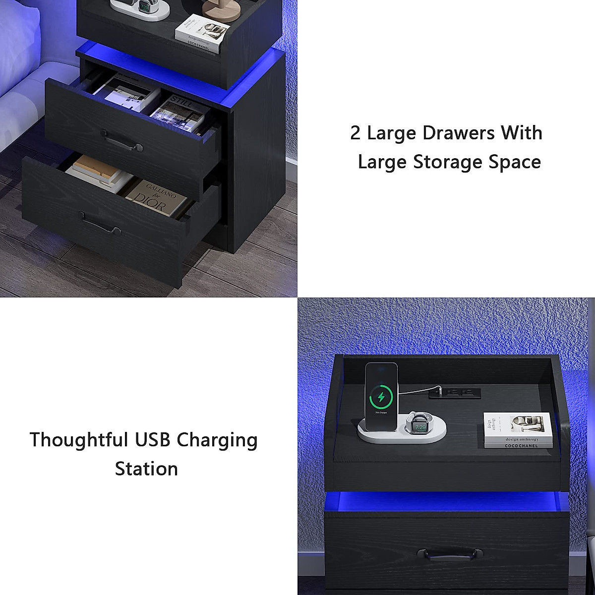 4ever2buy Black Night Stand with LED Light, Bedroom Night Stand Charging Station, LED Nightstand with 2 Drawers, Bedroom Side Table for Bedroom, Living Room