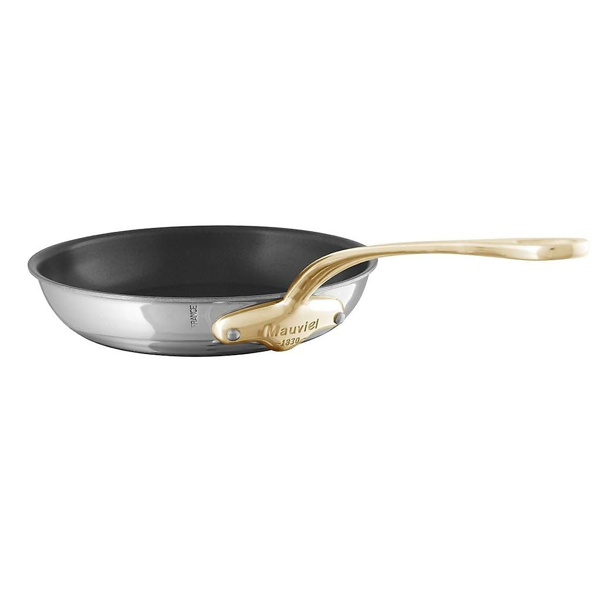 Mauviel M'Cook B 5-Ply Polished Stainless Steel Nonstick Round Frying Pan With Brass Handle, 7.9-in, Made In France