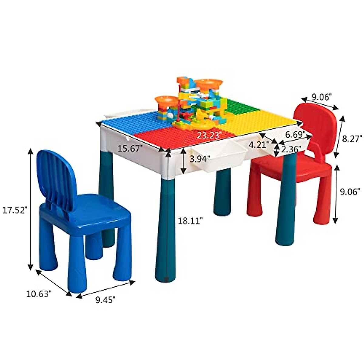Sandinrayli 7-in-1 Kid Activity Table Set w/2 Chairs & 72Pcs Large Size Blocks, Compatible with Classic Blocks, Water/Sand Table, Building Block Table for Toddler (Primary)