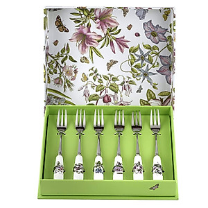 Portmeirion Botanic Garden Pastry Forks | 6 Inch Dessert Forks | Set of 6 Forks with Assorted Floral Motifs | Made from Stainless Steel with Porcelain Handles