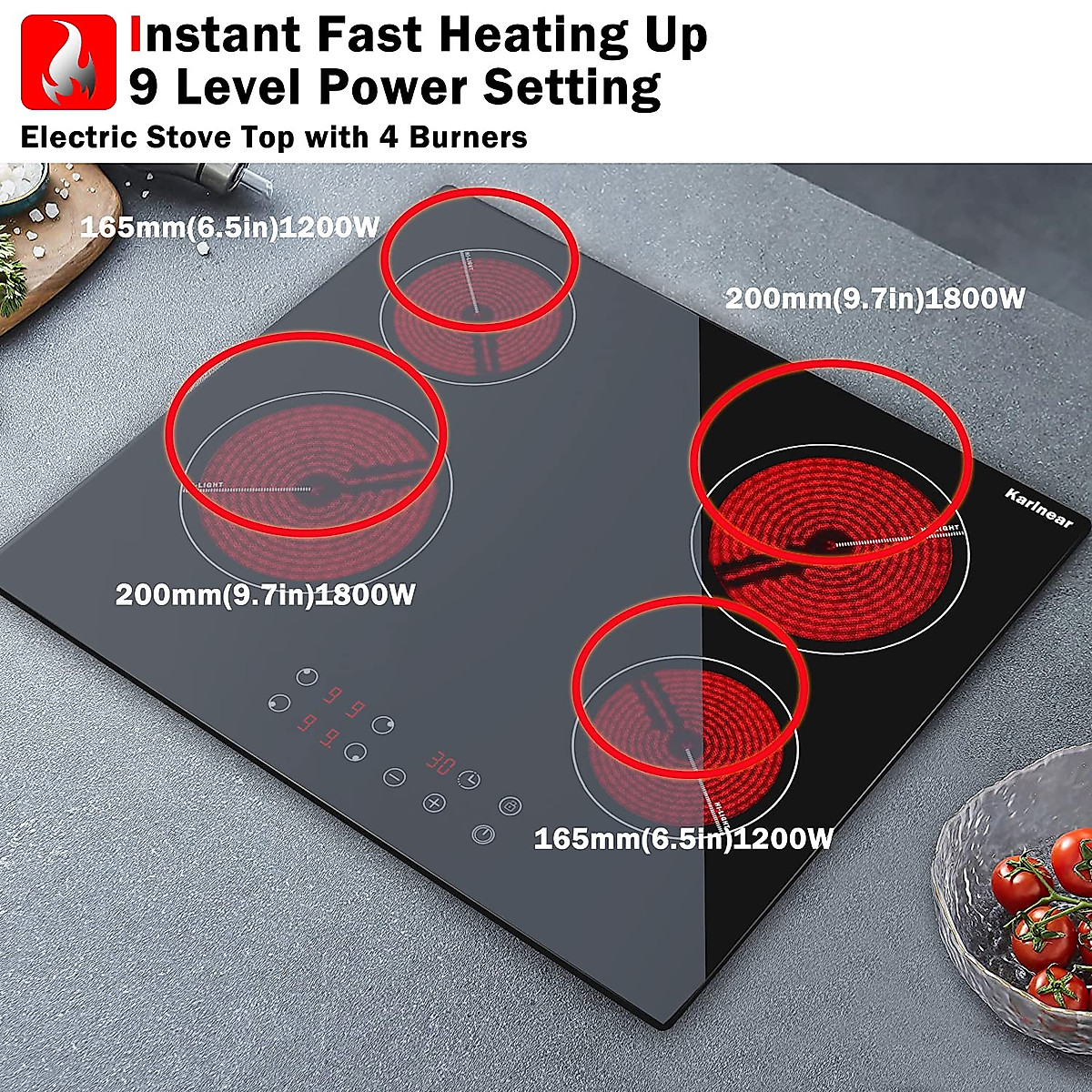 Karinear Drop-in 4 Burner Electric Cooktop 24 Inch Electric Radiant Cooktop, Electric Stove Top with Residual Heat Indicator, Child Safety Lock, Timer, 220-240V, 6000W, Hard Wire(No Plug)