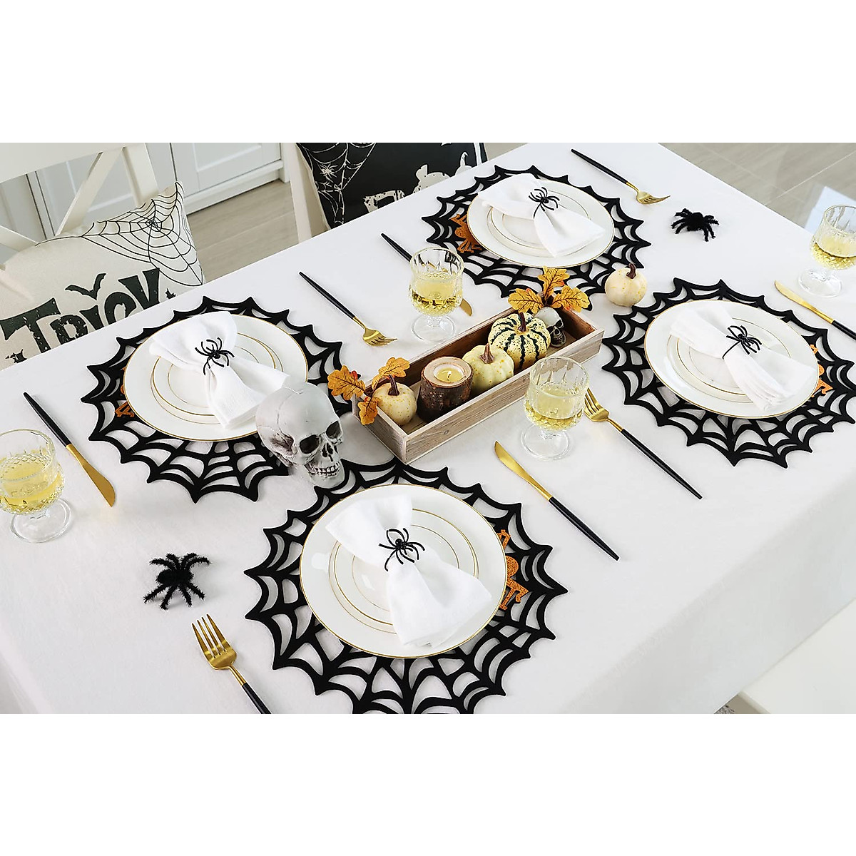 Feuille Round Halloween Placemats Set of 4 13.5 Inch Black Spider Web Placemats with Orange Glitter Felt Spider Placemats Perfect for Halloween Decorations Indoor