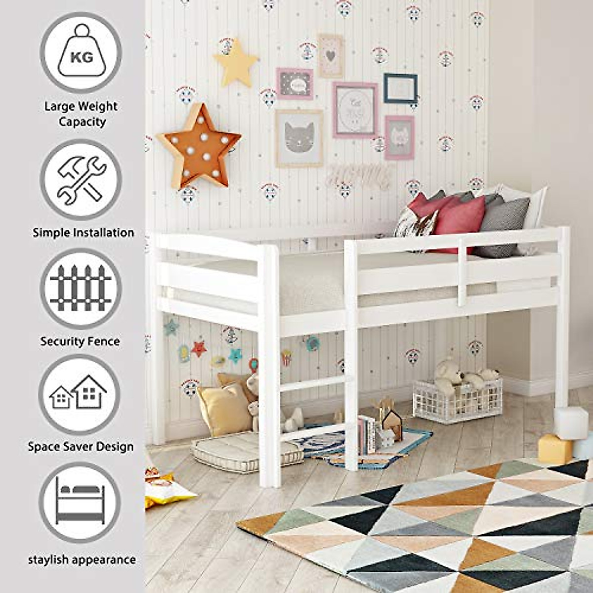 Harper & Bright Designs Low Loft Bed Twin Size, Twin Loft Bed Frame with Ladder and Safety Guardrails, Wood Loft Bed for Kids, Toddlers, Teens (Twin, White)