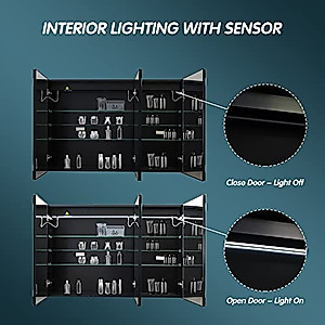 tunuo 48''W x 32''H Recessed or Surface Medicine Cabinets for Bathroom with Mirror, LED Medicine Cabinet Organizer with Crystal Sand Lighting Belts, Defogger, Dimmer, Clock, Outlets & USB, Black