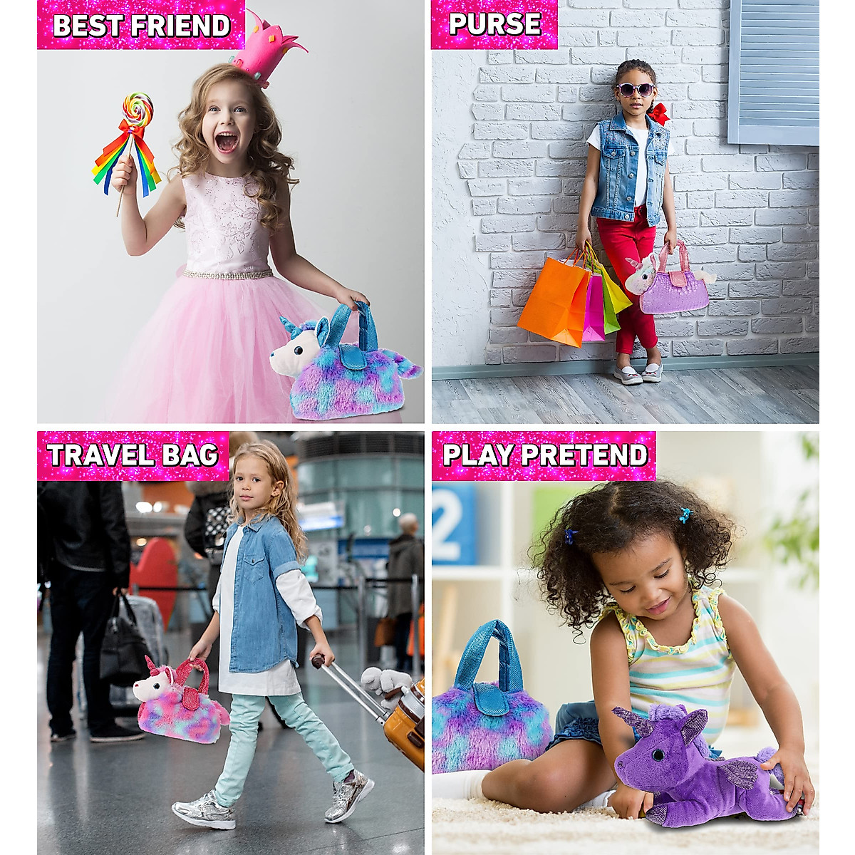 DolliBu Unicorn Bags Collection Set of 4 - Unicorn Stuffed Animal Purse Bags for Girls, Removable White, Purple, Rainbow, Blue Unicorns in Furry Handbags