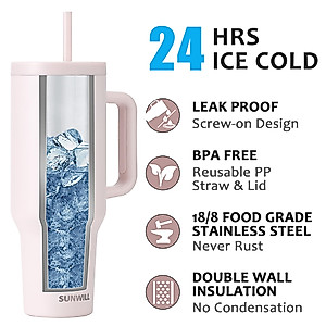 SUNWILL 40 oz Tumbler With Handle and Straw Lid, Coffee Tumbler Cups, Insulated Reusable Stainless Steel Travel Coffee Mug for Office & Outdoor, Cupholder Friendly, Rose Quartz