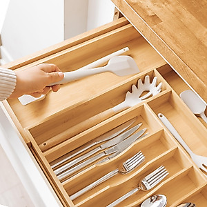 KitchenEdge Premium Silverware, Flatware and Utensil Organizer for Kitchen Drawers, Expandable to 25 Inches Wide, 10 Compartments, 100% Bamboo