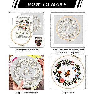Lukinbox Embroidery Starter Kit for Beginners, 3 Sets Cross Stitch Kits for Adults, Include Embroidery Clothes with Cute Bees and Flowers Patterns, 1 Embroidery Hoop, Threads, Needles and Instruction