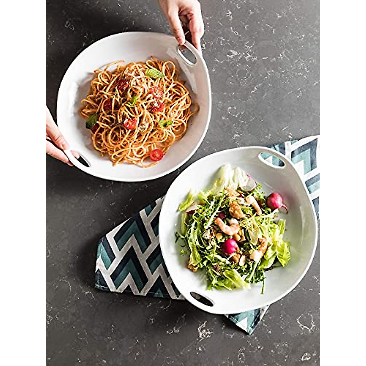LAUCHUH Porcelain Serving Platter with Handles Serving Bowl Set for Noodles 11.93-inch Porcelain Platter Set Large Dinner Plate for Meat, Salad Set of 2 White