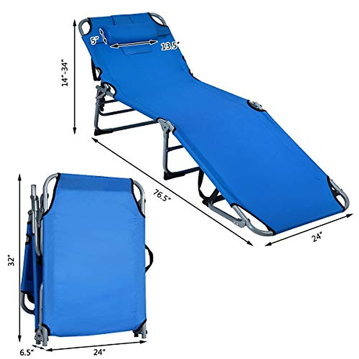 Moccha Folding Lounge Chair, Adjustable Beach Bed, Foldable Recliner with Pillow, Sunbathing Headrest and Tray, for Outdoor, Camping, Backyard, Patio, Pool (Blue)