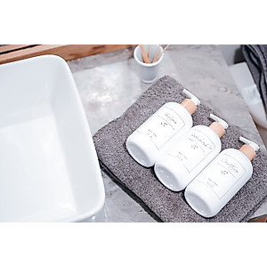 YS STORE Shampoo and Conditioner Dispenser - Refillable Bath Set of 3 16oz Bamboo Pump with Funnel White Containers for Body Wash, Waterproof label, clean and modern.