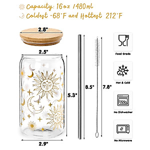 Nefelibata Sun and Moon Iced Coffee Cup Beer Can Glass for Hot/Cold Beverages Gothic Sun Moon Star Tumbler with Lid and Straw Celestial 16oz Coffee Mug Witchy Tarot Gift Boho Home Decor Birthday Gifts