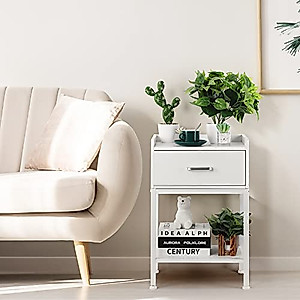 OYEAL White Nightstand, End Table with Charging Station 2-Tier Side Table with Drawer and Storage Shelf, Small Bedside Night Stand for Bedroom, Living Room, Easy Assembly, White