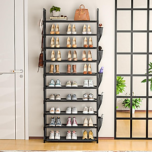 LUKYTOWER Tall Shoe Rack 10 Tier Shoe Organizer Racks for Closet Shoes Rack, Storage Metal Shoe Shelf with 5Hooks and Pocket,Sturdy Shoe Stand Tower Rack for Shoes