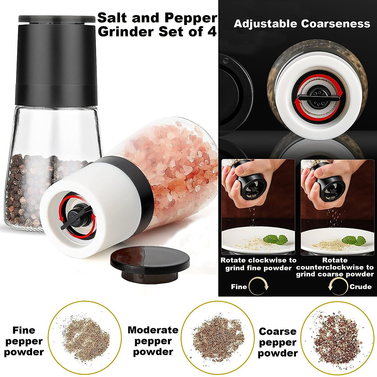ANDONG Premium Salt & Pepper Grinder Set of 4, Refillable Pepper Mill & Salt Mill with Manual Adjustable Ceramic, Glass Shaker