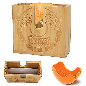 FunisFun Wood Bagel Cutter Slicer for Small and Large Bagels Adjustable Bamboo Bagel Holder with Silicon Hamburger Holder for Bread Slicing
