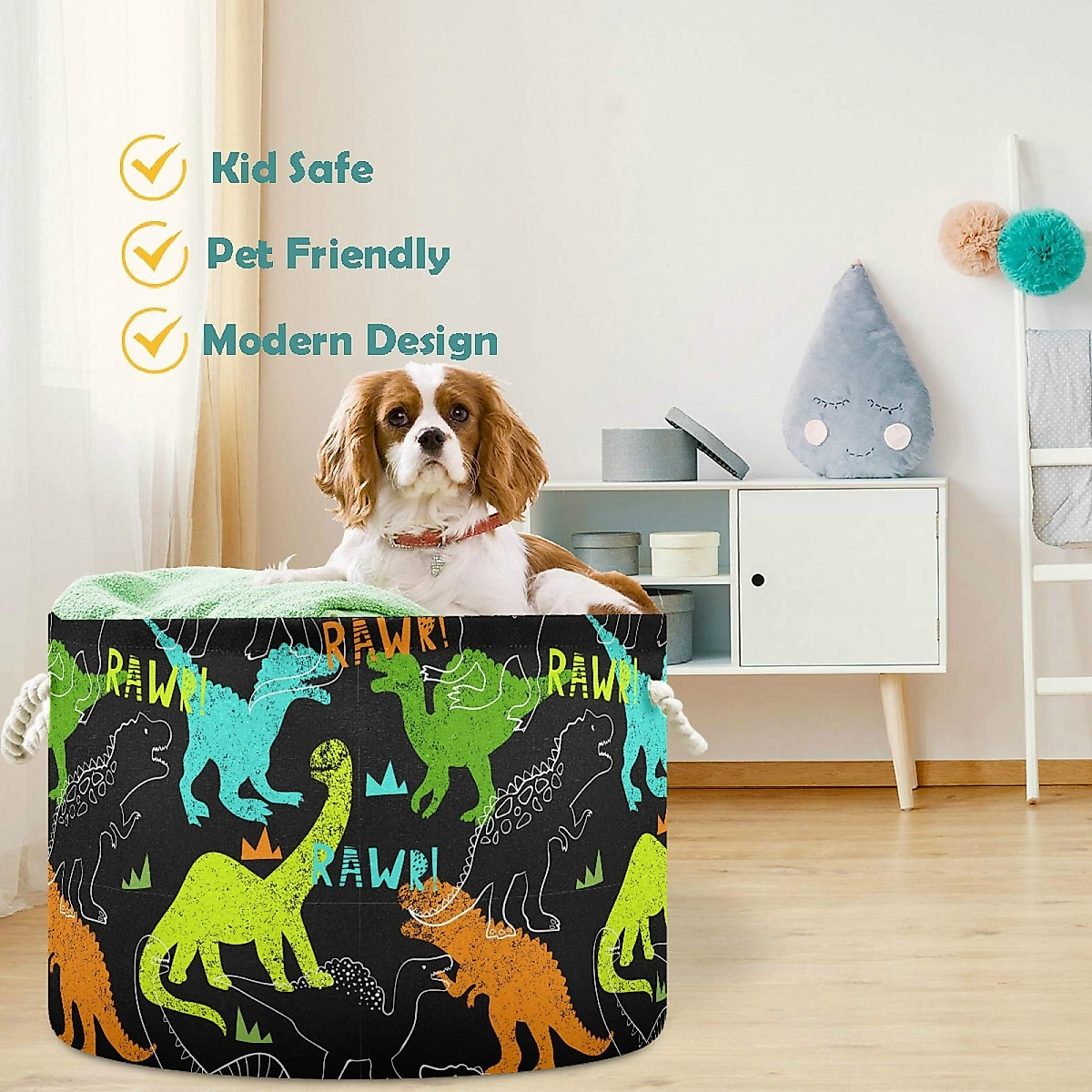 visesunny Collapsible Large Capacity Basket Dino Rawr Clothes Toy Storage Hamper with Durable Cotton Handles Home Organizer Solution for Bathroom, Bedroom, Nursery, Laundry,Closet
