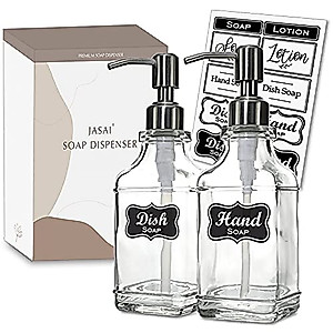 JASAI 2Pack Antique Design Glass Soap Dispenser with Rust Proof 304 Stainless Steel Pump, Refillable Hand Soap Dispenser with 10Pcs Stickers, Premium Soap Dispenser for Kitchen & Bathroom (Clear)