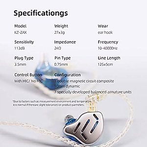 KZ Zax Metal Headset 7BA+1DD Hybrid 16 Drivers HiFi Bass Earbuds in Ear Monitor Headphones Sport Noise Cancelling Earphones(No mic,Black)