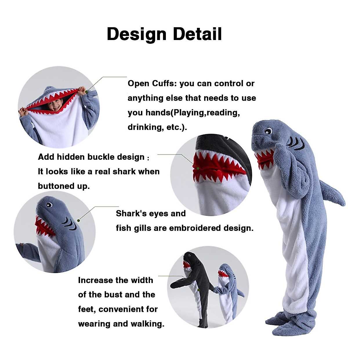 Yaruing Shark Wearable Blanket, Flannel Blanket Hoodie Onesie for Adult & Kids,Hooded Blanket with Sleeves, Soft Cozy Cosplay
