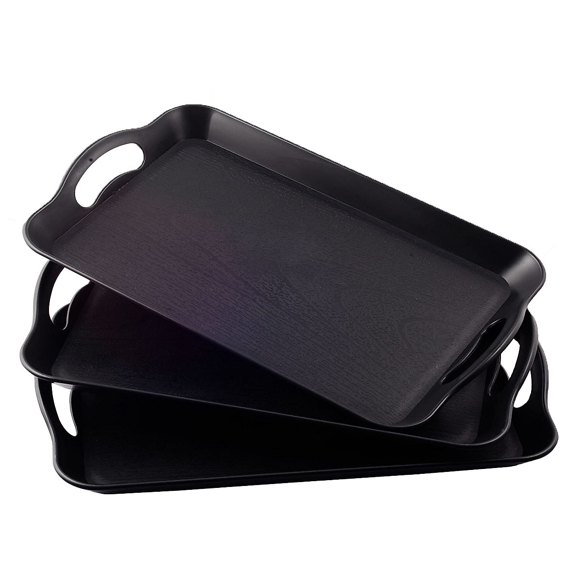 LEEHOWA 3 Pack 14 inches Plastic Tray with Handles Rectangle Serving Set, Multipurpose Waterproof, Non Slip Trays for Food, Parties, Coffee Table, Buffets, Breakfast(Black Wood Grain)