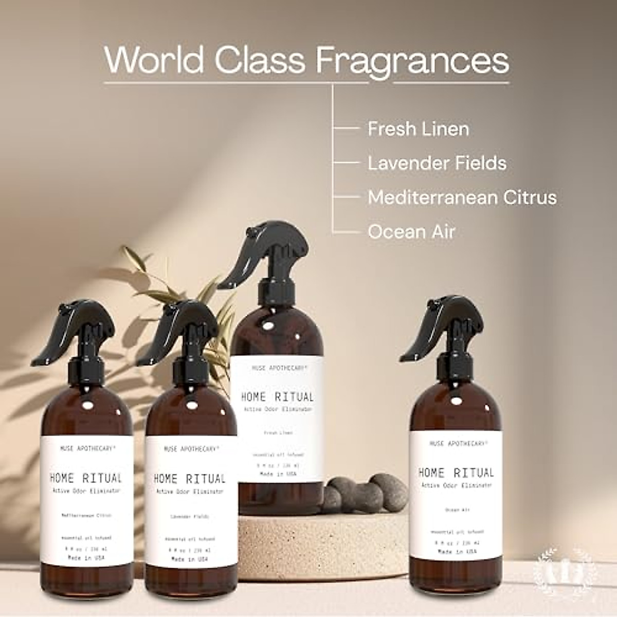 Muse Apothecary Home Ritual Active Odor Eliminator Spray - Furniture Deodorizer & Bathroom Odor Eliminator - Essential Oil Air Freshener - 4oz, Mediterranean Citrus