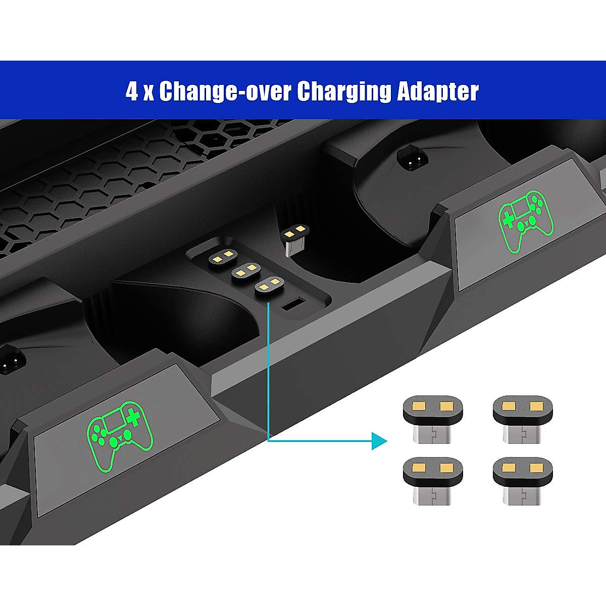 ElecGear Vertical Stand for PS4, Charging Station with Cooling Fan, Charger Dock for DualShock 4 Controller, 16x Games Blu-ray Storage Bracket Accessories Kit for Playstation 4, PS4 Pro, PS4 Slim
